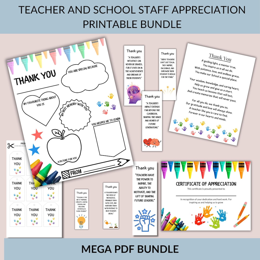 Teacher Appreciation Printable Bundle School Staff Gift Tags, Wall Art ...