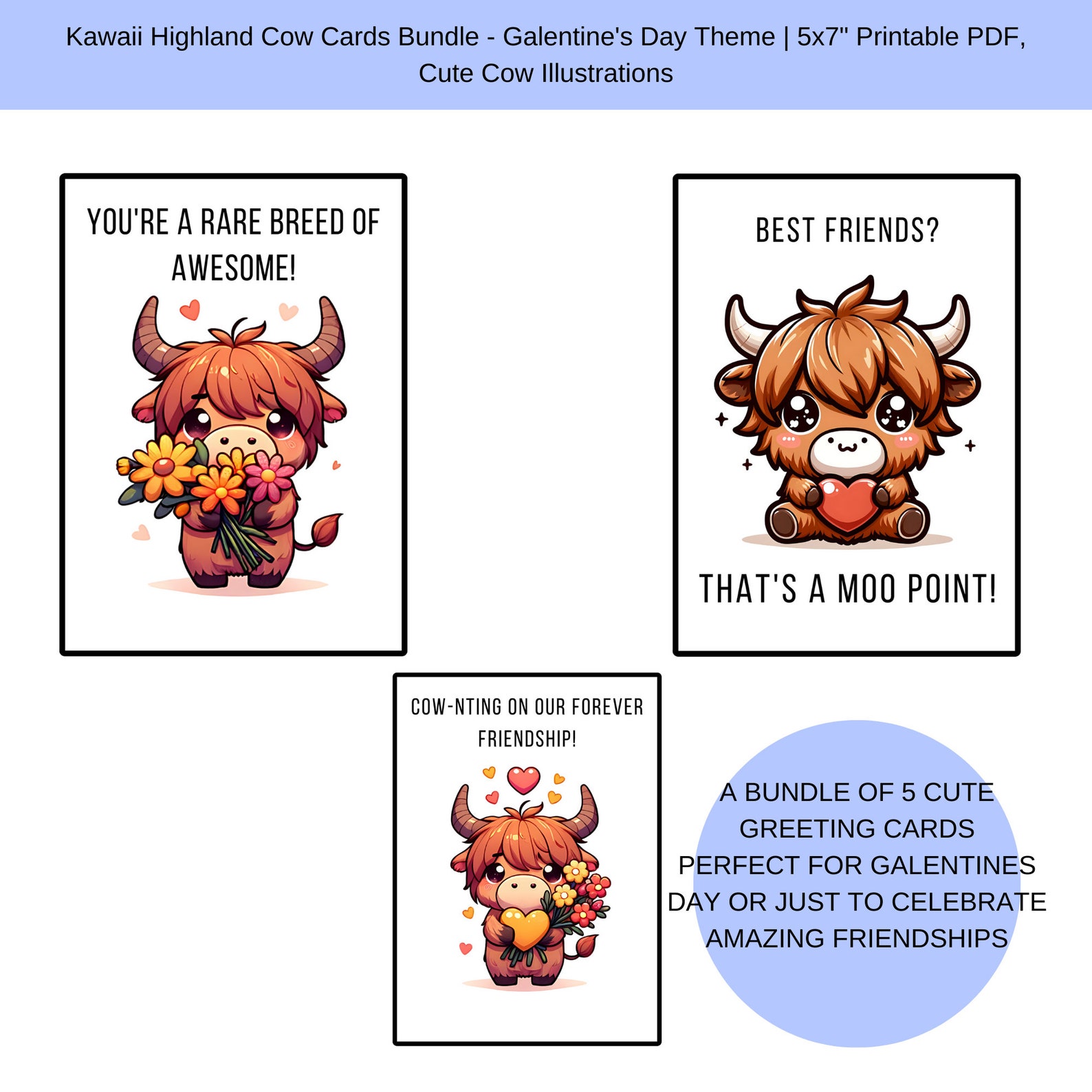 Kawaii Highland Cow Cards Bundle Galentine's Day Theme 5x7 Printable ...
