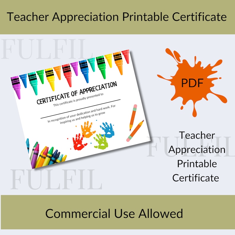 Teacher Appreciation Printable Certificate PDF Commercial Use - Etsy