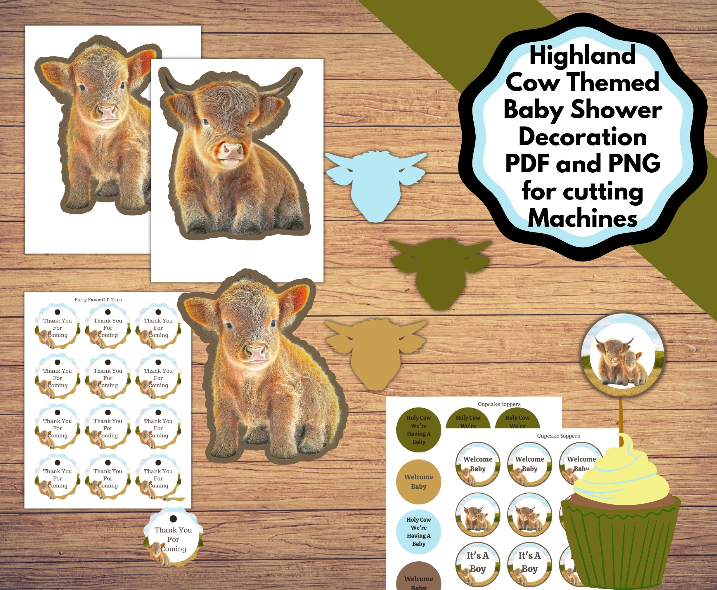 Printable Highland Cow Themed Baby Shower Decorations, Cupcake Toppers ...