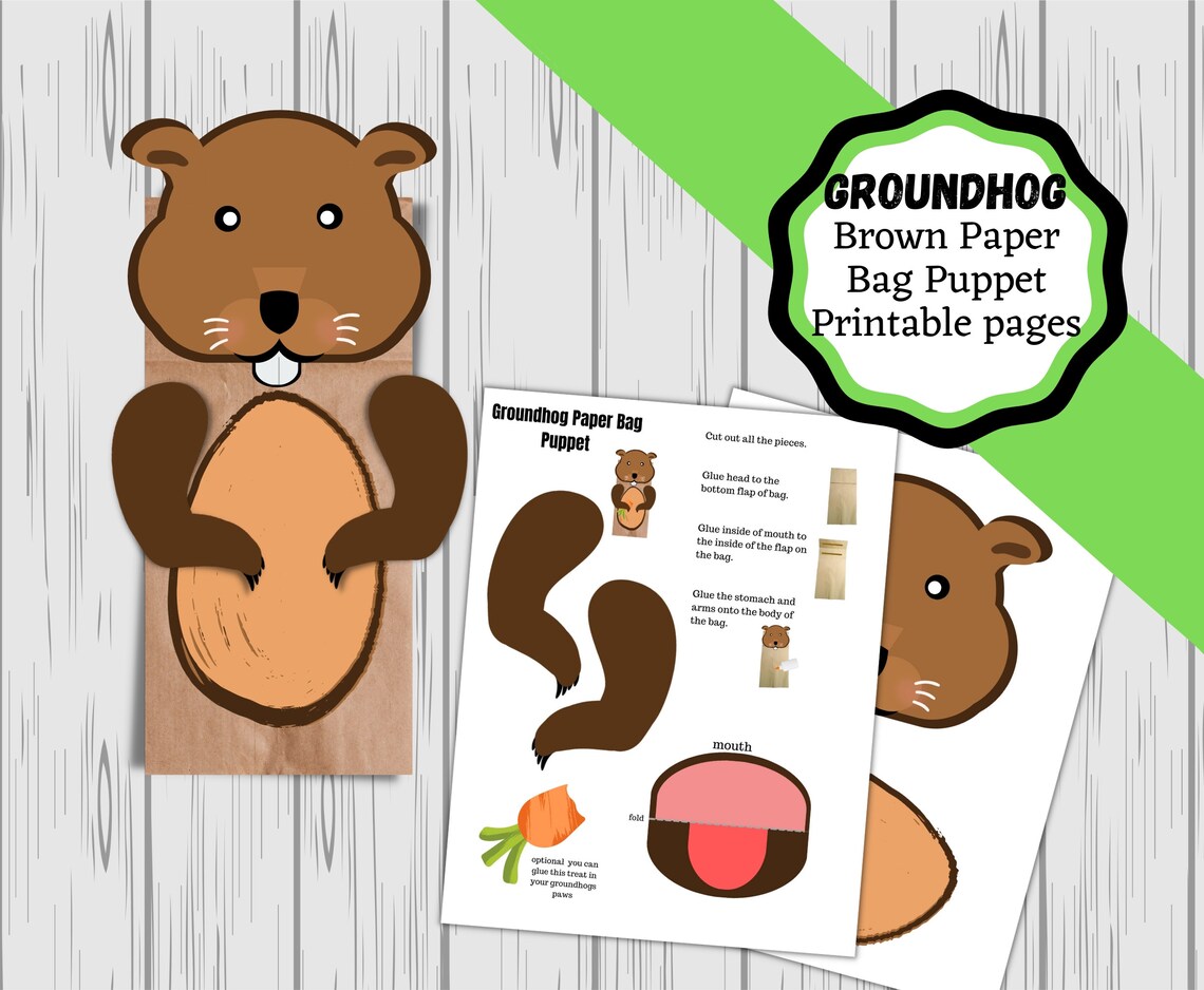 Printable Groundhog Paper Bag Puppet, Groundhog Day Paper Puppet Craft ...