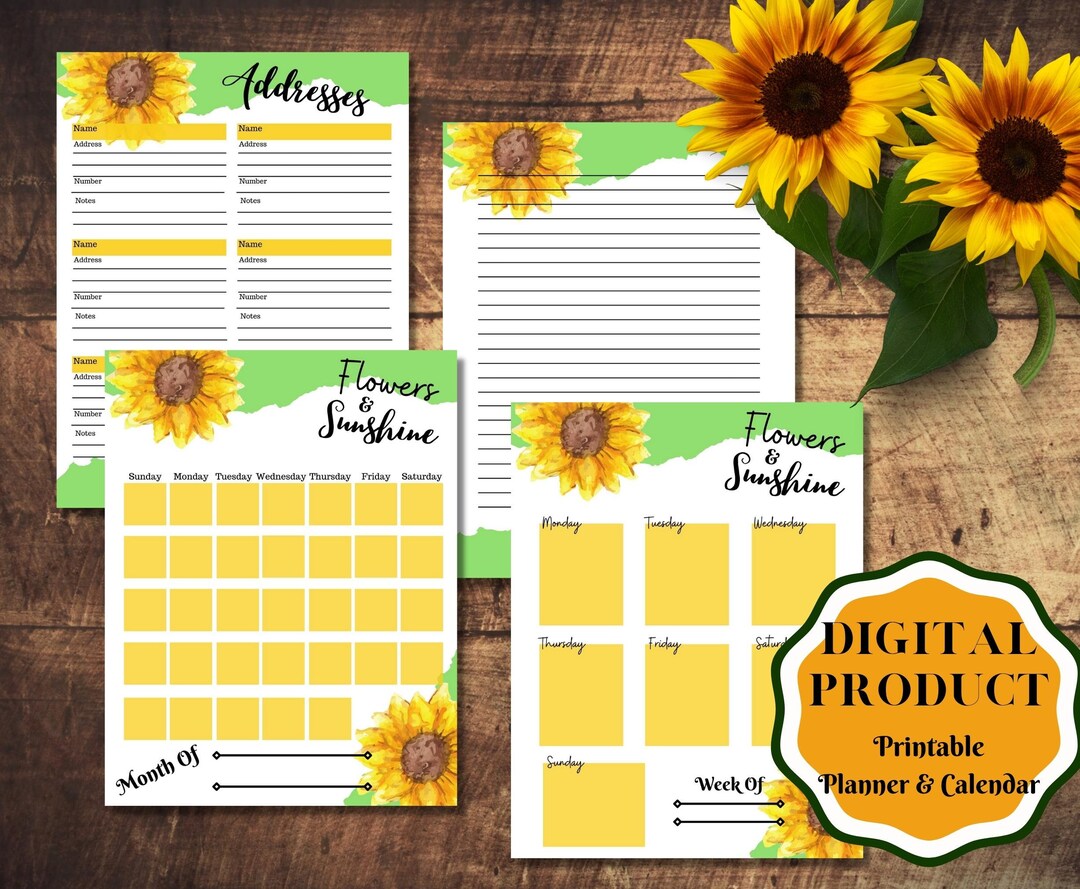 Sunflower Planner, Sunflower Yellow Planner and Calendar - Etsy