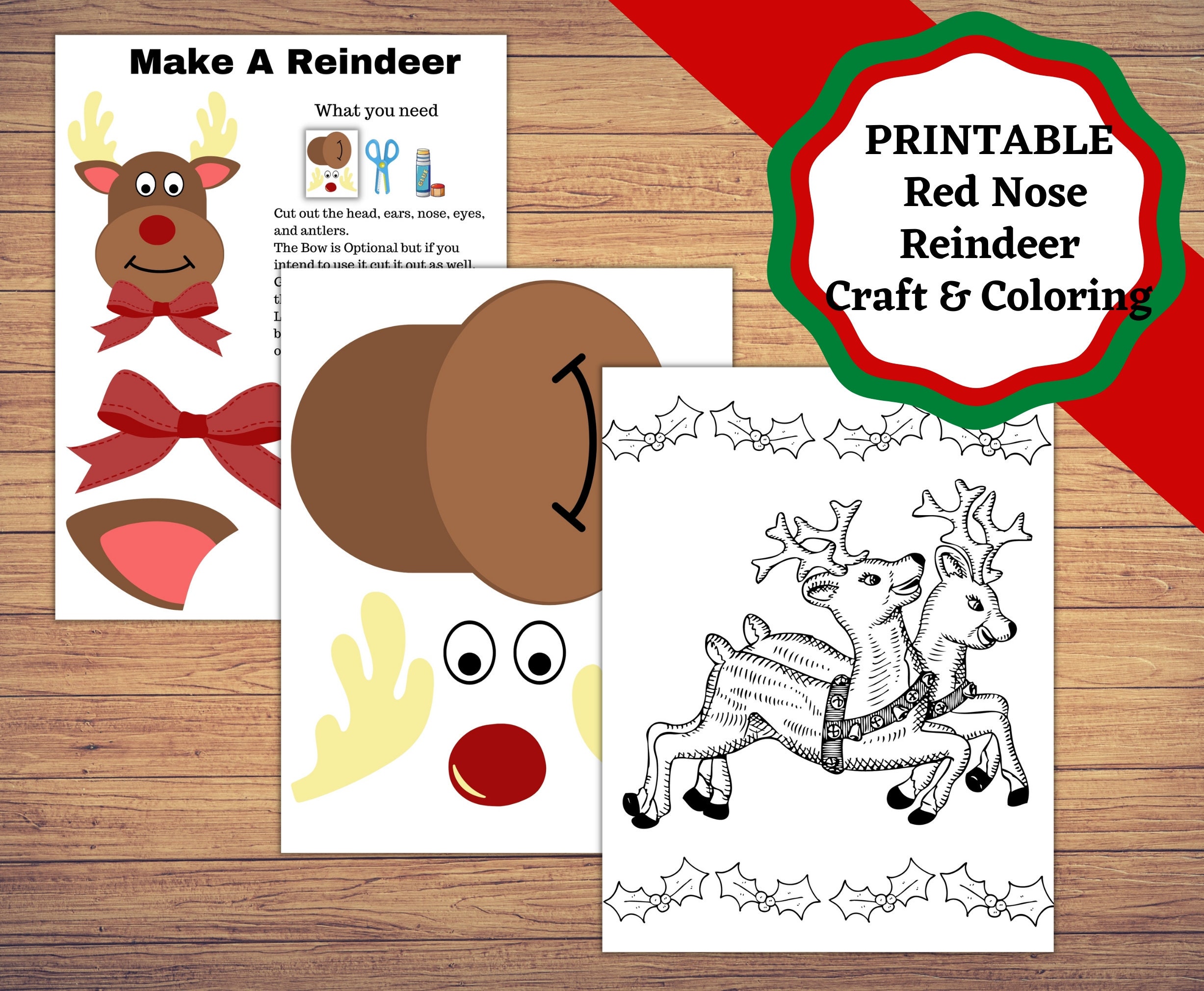 Simple Reindeer Printable, Cute and Paste Christmas Reindeer With Red ...