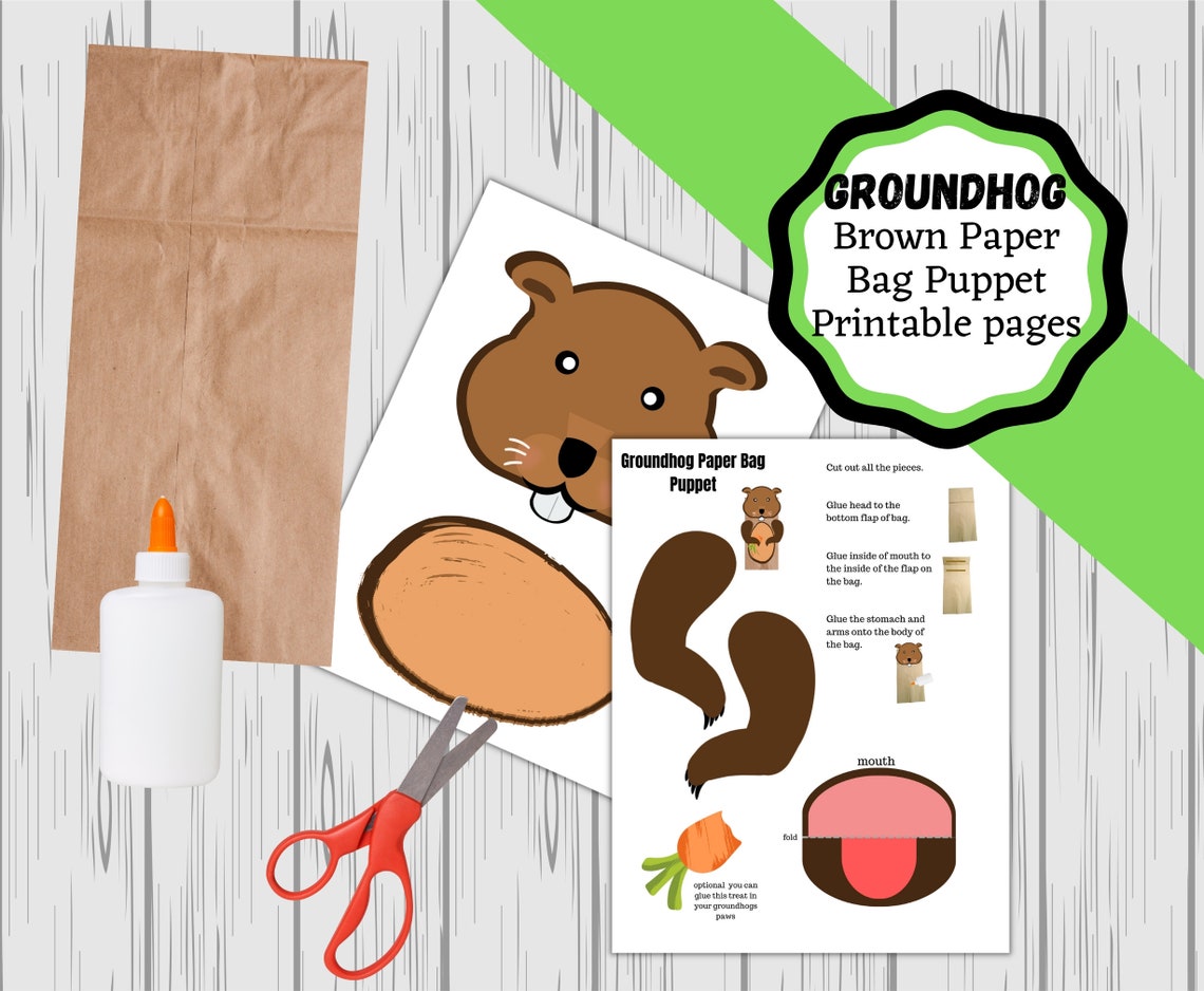 Printable Groundhog Paper Bag Puppet, Groundhog Day Paper Puppet Craft ...