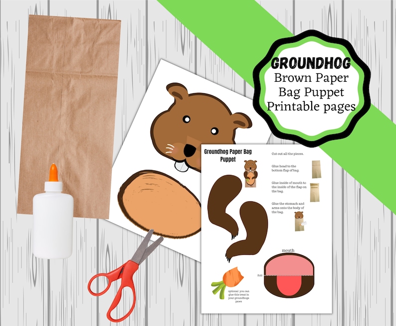 Printable Groundhog Paper Bag Puppet, Groundhog Day Paper Puppet Craft ...