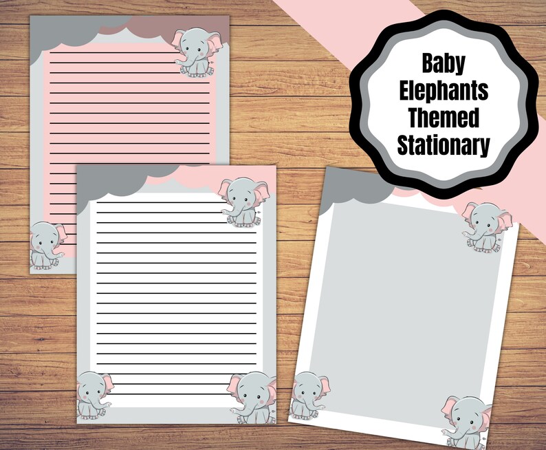Printable Baby Elephant Gray and Pink Themed Stationary, 7 Pages Lined ...