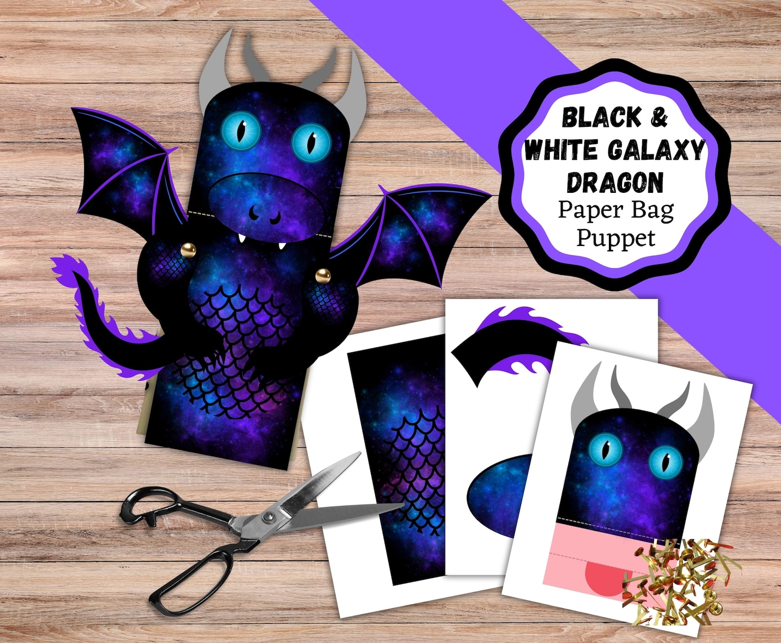 Printable Dragon Paper Bag Puppets. Black and White Galaxy Dragon ...