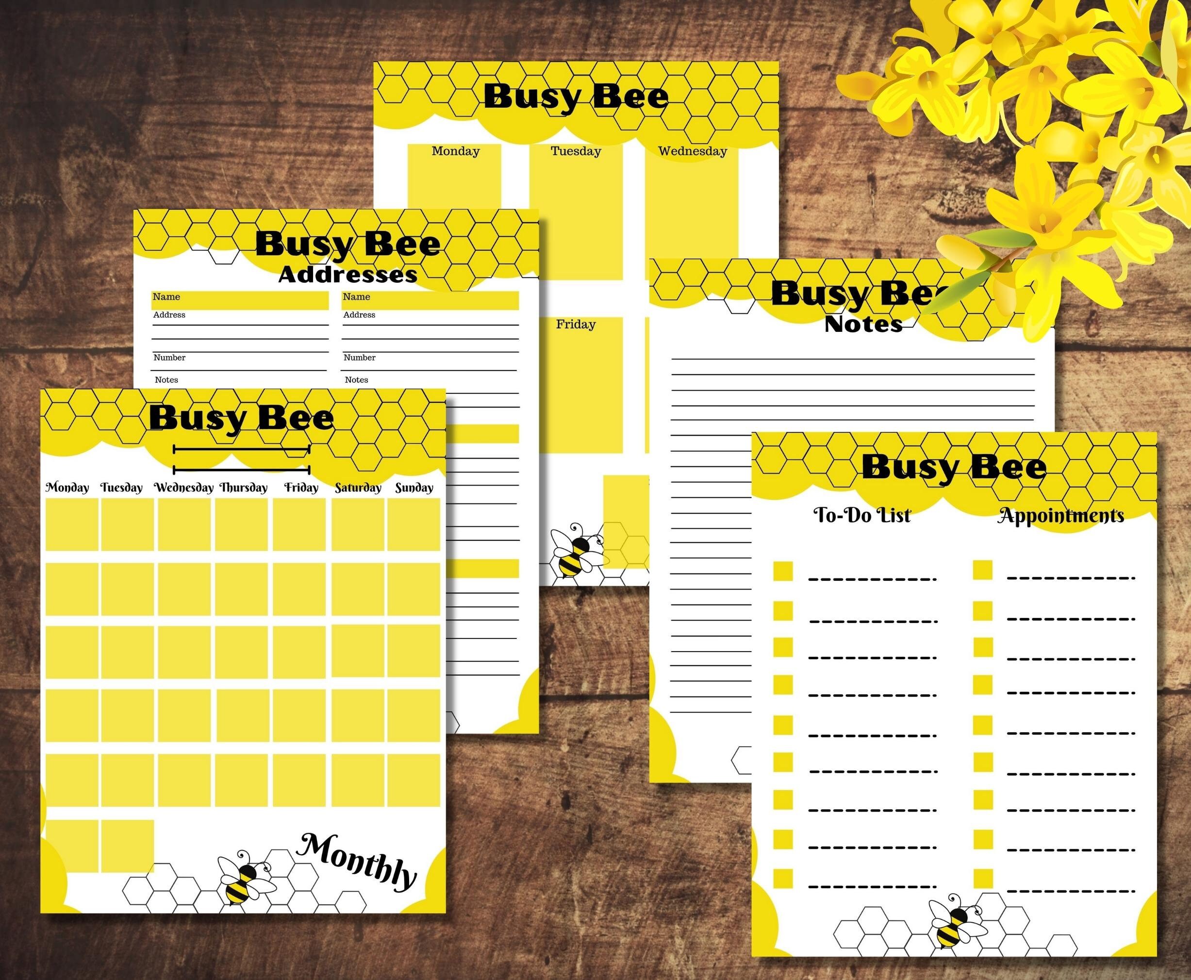 Printable Undated Busy Bee Planner, Bee Themed Planner and Stationary ...