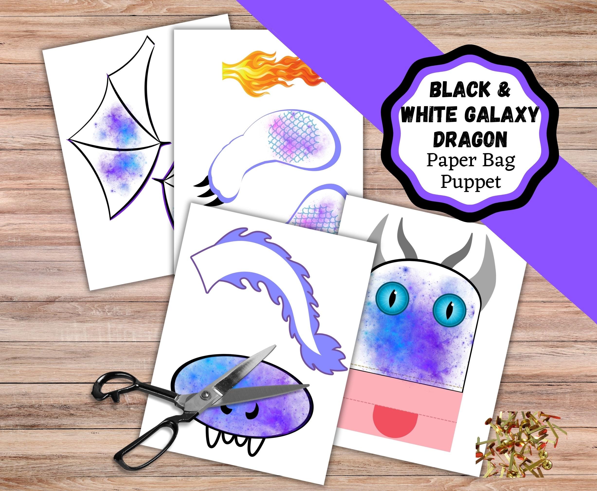 Printable Dragon Paper Bag Puppets. Black and White Galaxy Dragon ...