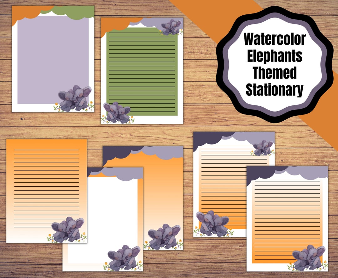 Printable Watercolor Elephants Themed Stationary, 7 Pages Lined and ...