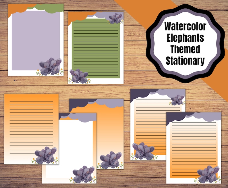 Printable Watercolor Elephants Themed Stationary, 7 Pages Lined and ...