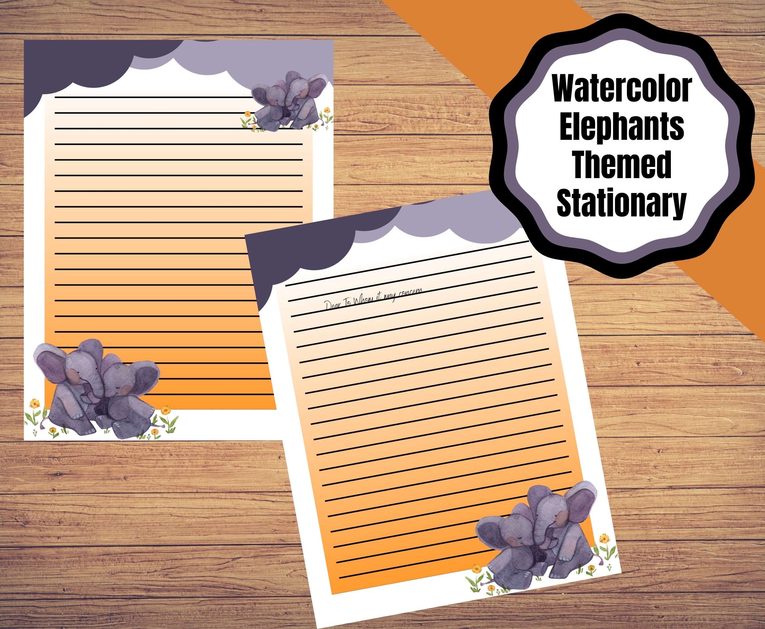 Printable Watercolor Elephants Themed Stationary, 7 Pages Lined and ...