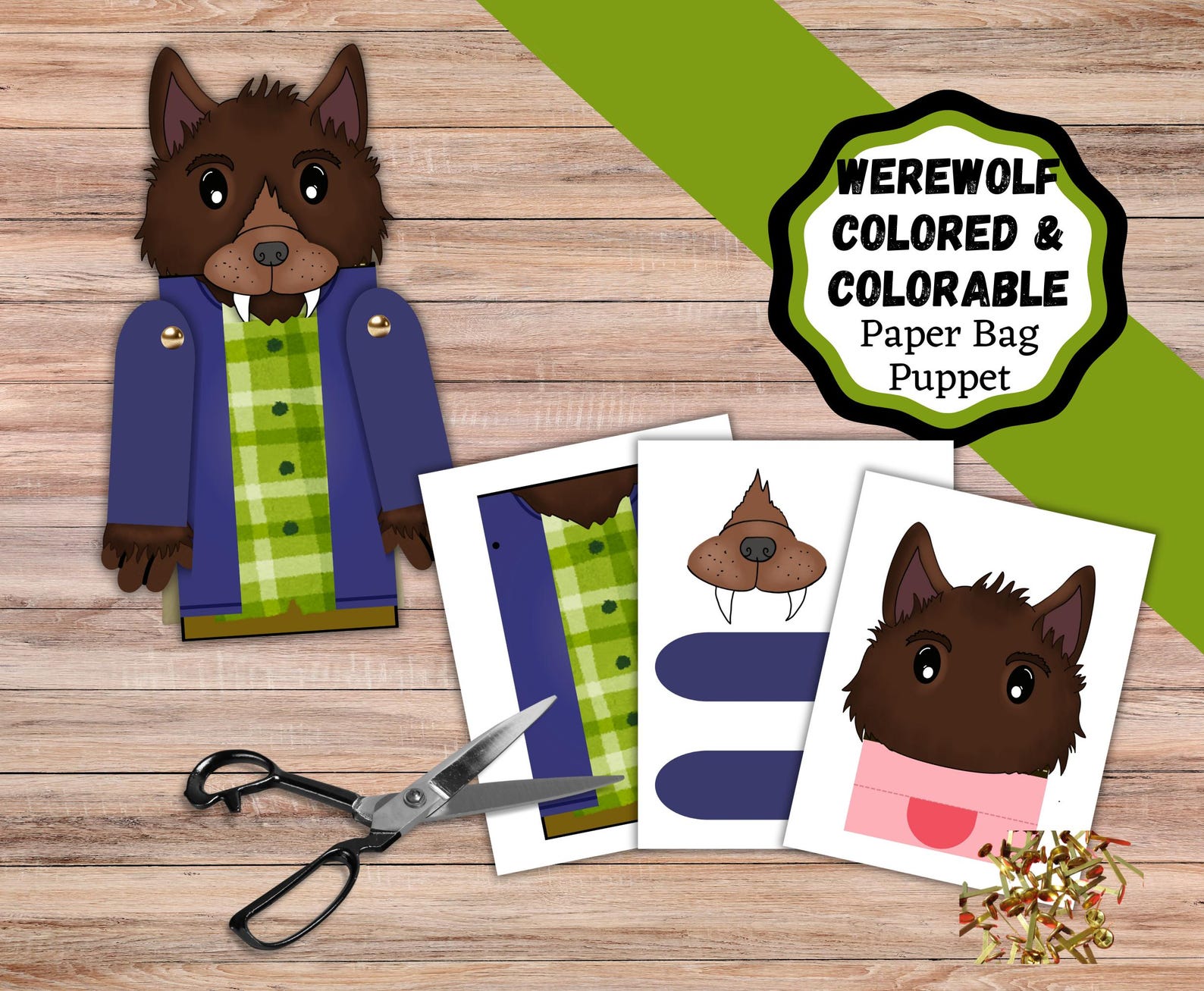 Werewolf Printable Paper Bag Puppet, Colored and Colorable Fun Werewolf ...