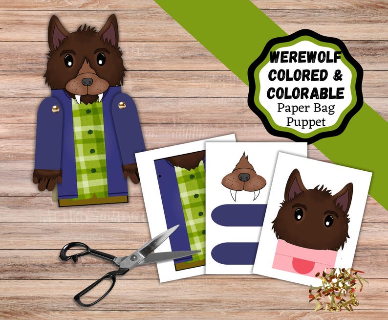 Werewolf Printable Paper Bag Puppet, Colored and Colorable Fun Werewolf ...