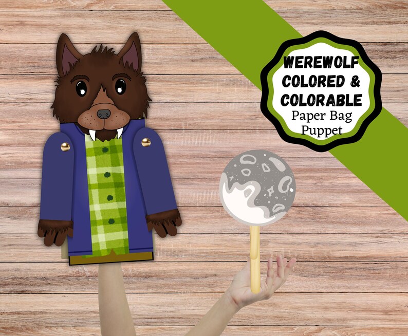 Werewolf Printable Paper Bag Puppet, Colored and Colorable Fun Werewolf ...