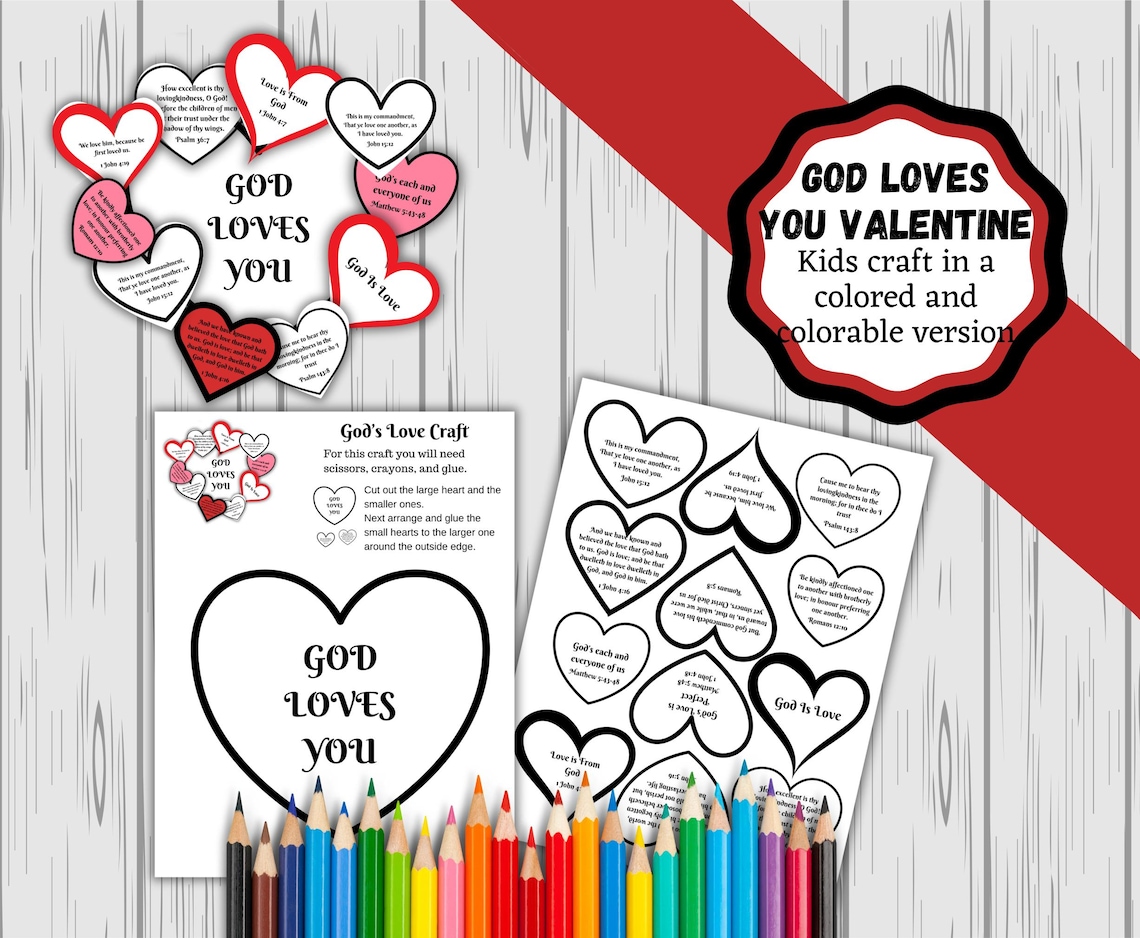 God Loves You Valentine Kids Craft With Scriptures. Valentine Colored ...