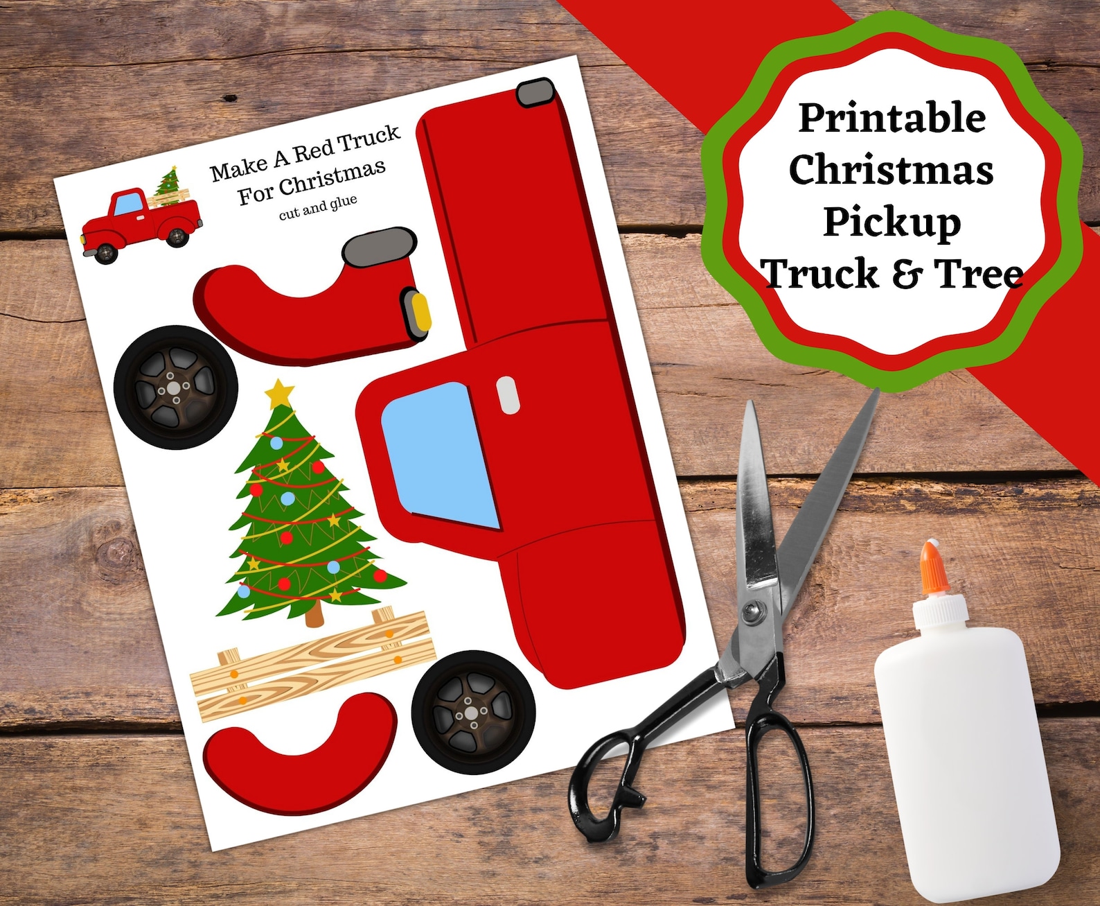 Printable Red Truck With Christmas Tree Craft and Decoration, Christmas ...