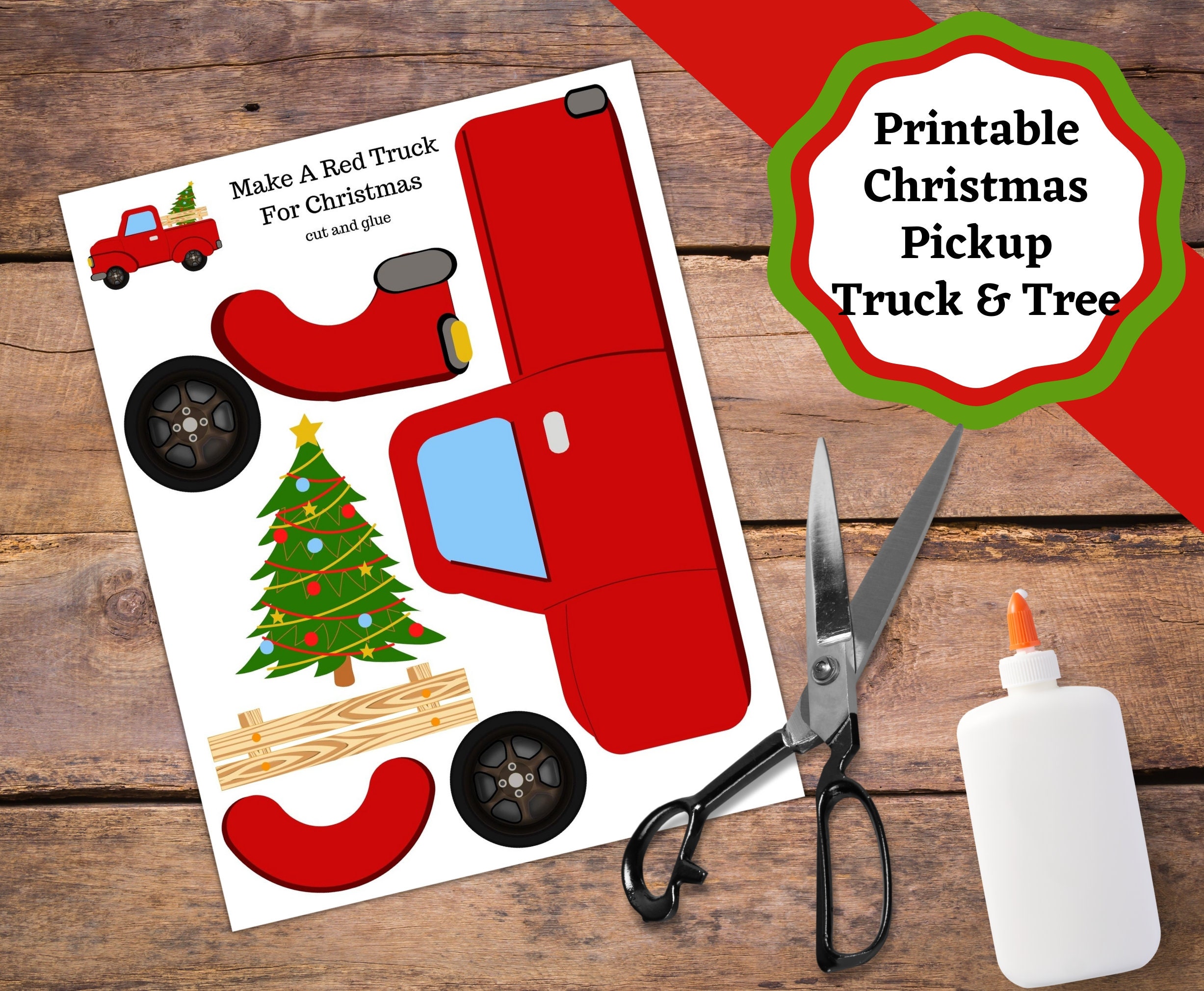 Printable Red Truck With Christmas Tree Craft and Decoration, Christmas ...