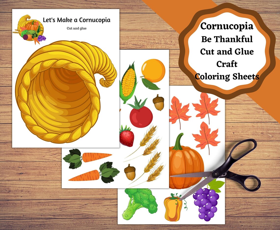 Printable Cut and Glue Cornucopia Craft With Be Thankful Coloring ...