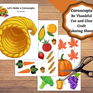 Printable Cut and Glue Cornucopia Craft With Be Thankful Coloring ...