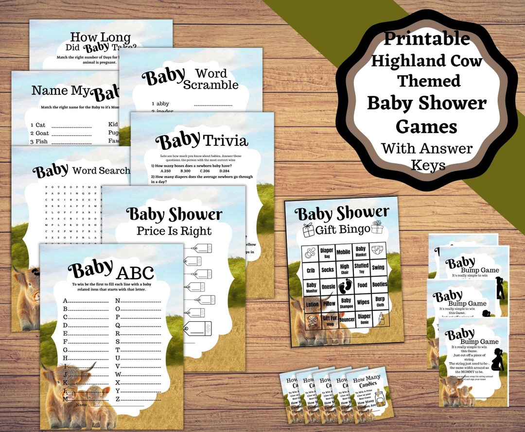 Printable Highland Cow Themed Baby Shower Games, Baby ABC, How Long Did ...