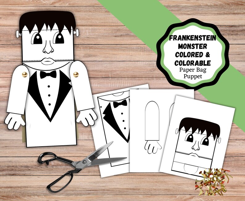 Frankenstein's Monster Paper Puppet Kids Craft. Colored and Colorable ...