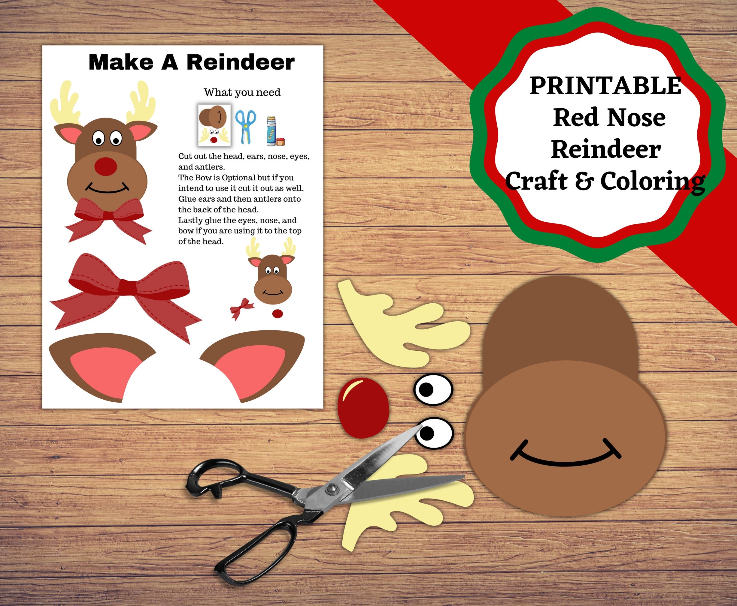 Simple Reindeer Printable, Cute and Paste Christmas Reindeer With Red ...