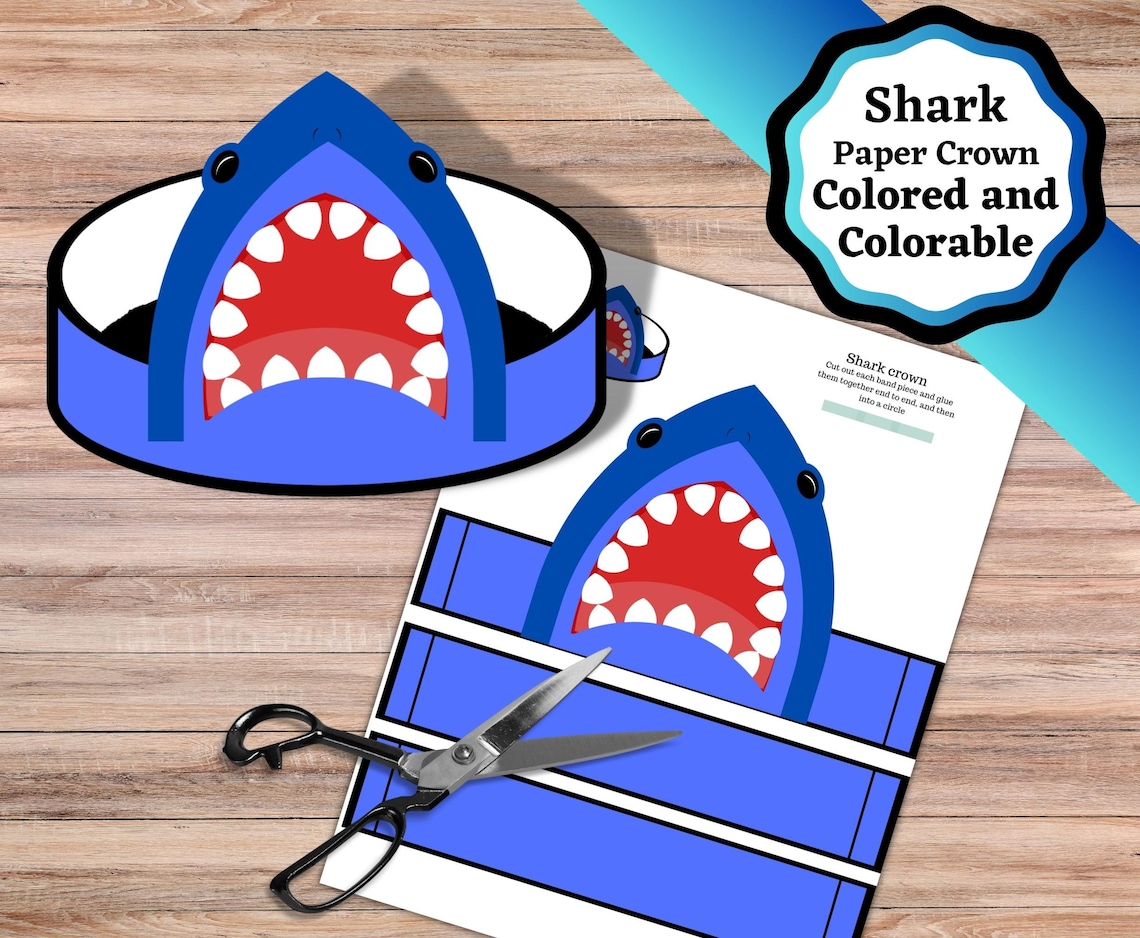 Printable Shark Crowns, Colored and Colorable Versions. Shark Craft ...