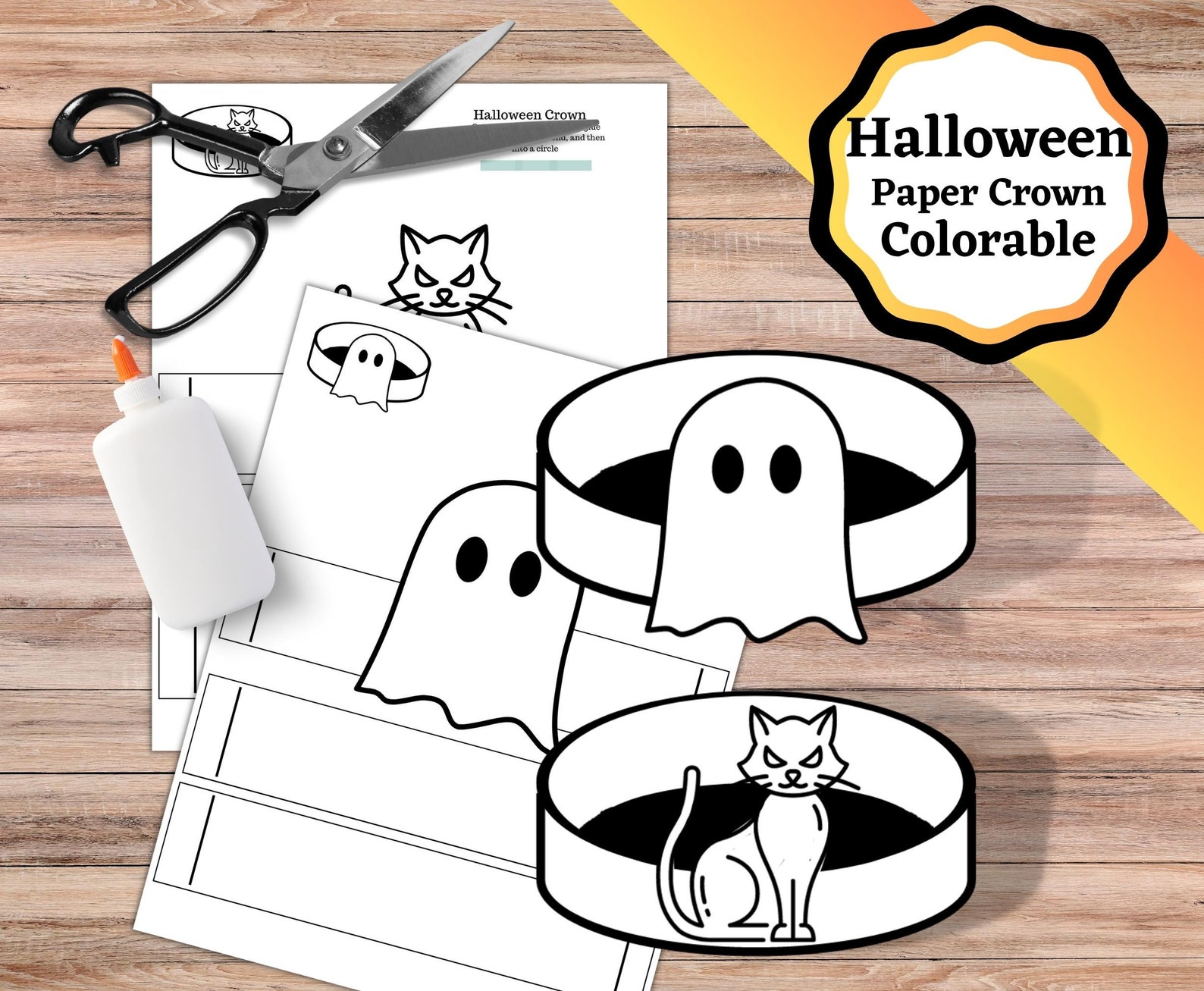 Halloween Paper Crowns Printable, Colorable. Black and White Halloween ...