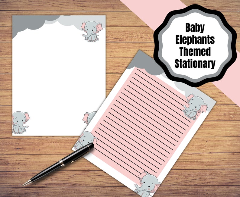 Printable Baby Elephant Gray and Pink Themed Stationary, 7 Pages Lined ...