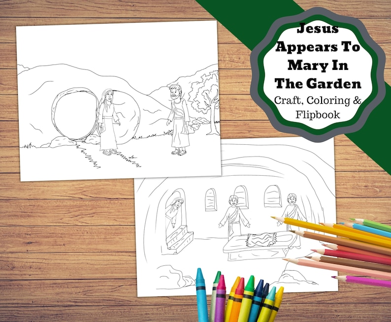 Imprimible, Jesús se aparece a María en el jardín, manualidad, colorear ...