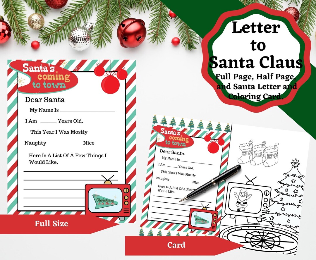 Printable Letter or Wish List to Santa Claus, Full Page, Half Page, and ...
