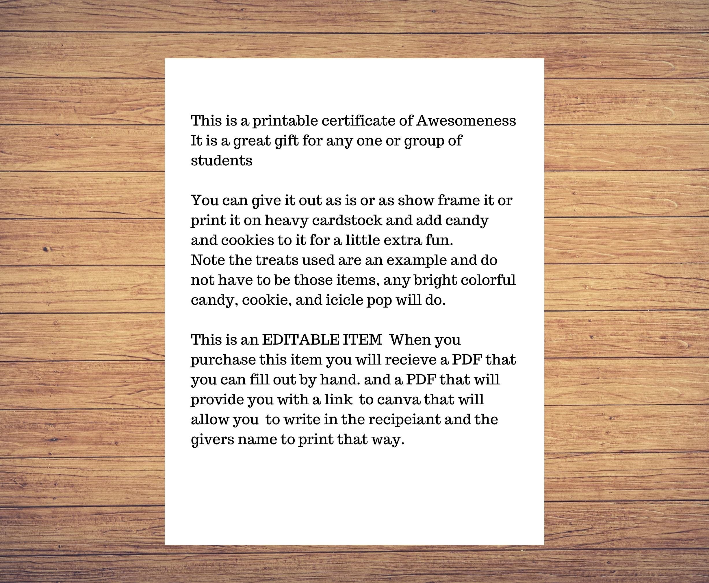 Student Certificate/award Gift From Teacher Editable File Candy Pun ...