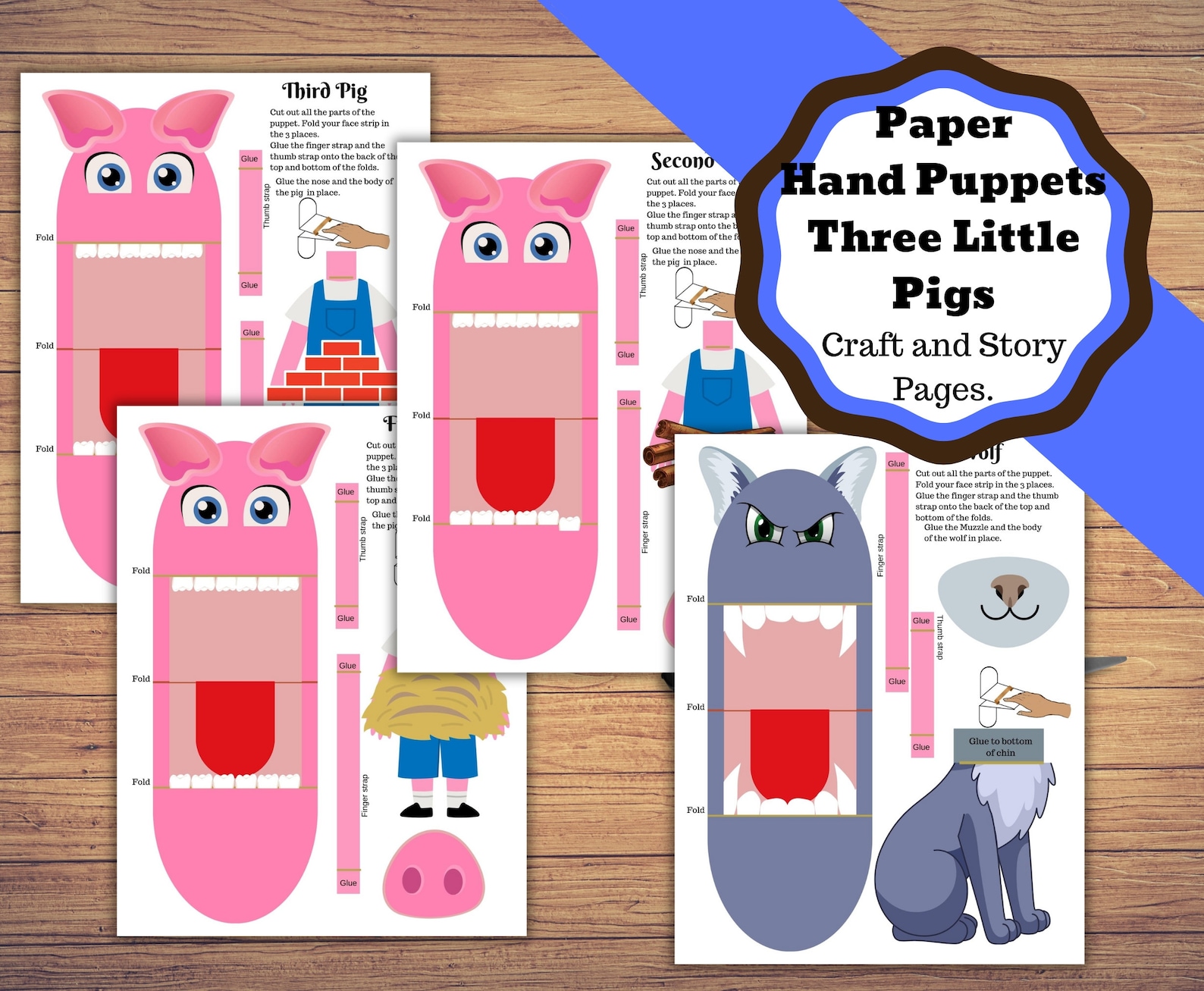 Printable Three Little Pigs and the Wolf, Hand Puppets With Three Pages ...