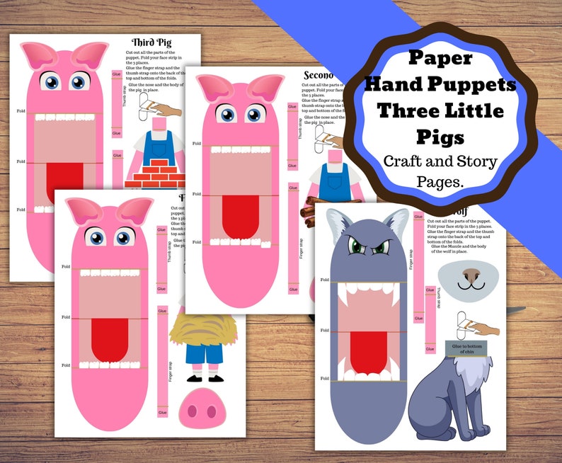 Printable Three Little Pigs and the Wolf, Hand Puppets With Three Pages ...