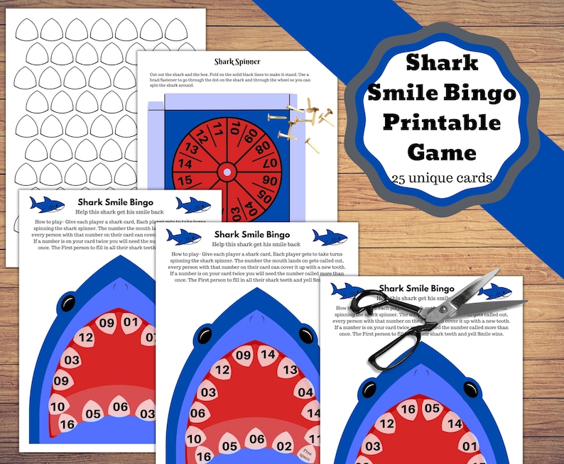 Printable Shark Bingo Game, Shark Smile Bingo Game With 25 Cards You ...