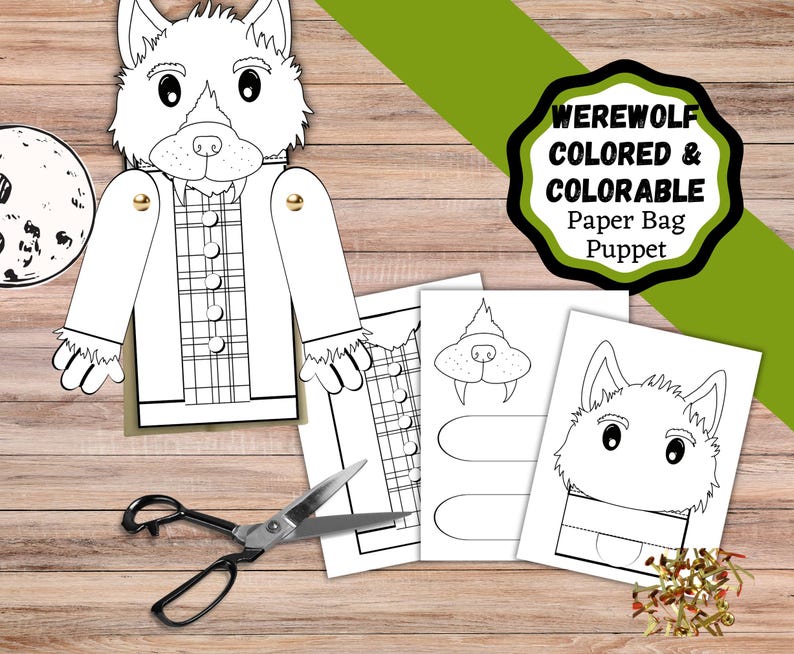 Werewolf Printable Paper Bag Puppet, Colored and Colorable Fun Werewolf ...