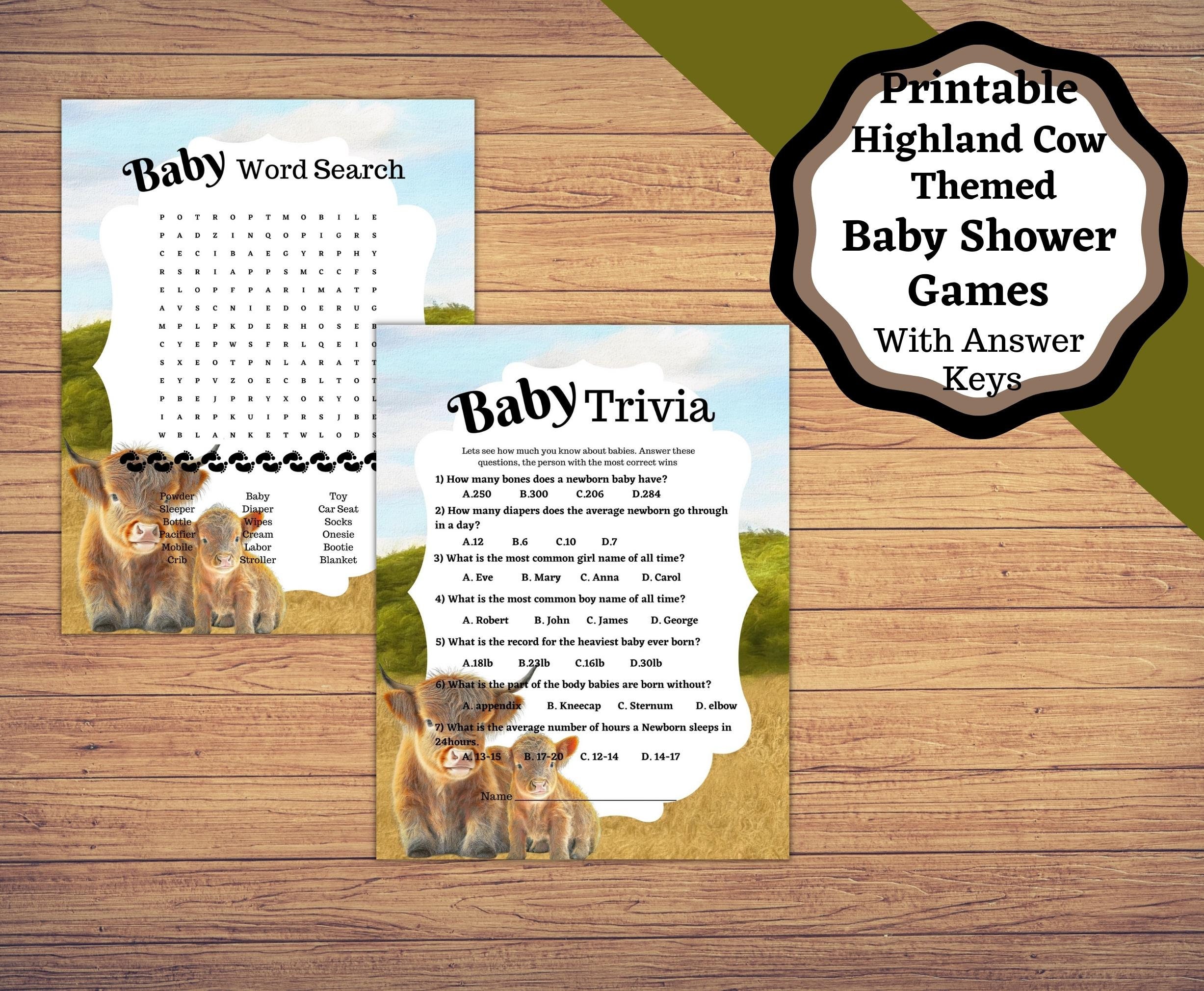 Printable Highland Cow Themed Baby Shower Games, Baby ABC, How Long Did ...