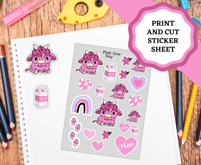 Pink Cow Print and Cut Stickers, Pink Highland Cow Sticker Sheet - Etsy