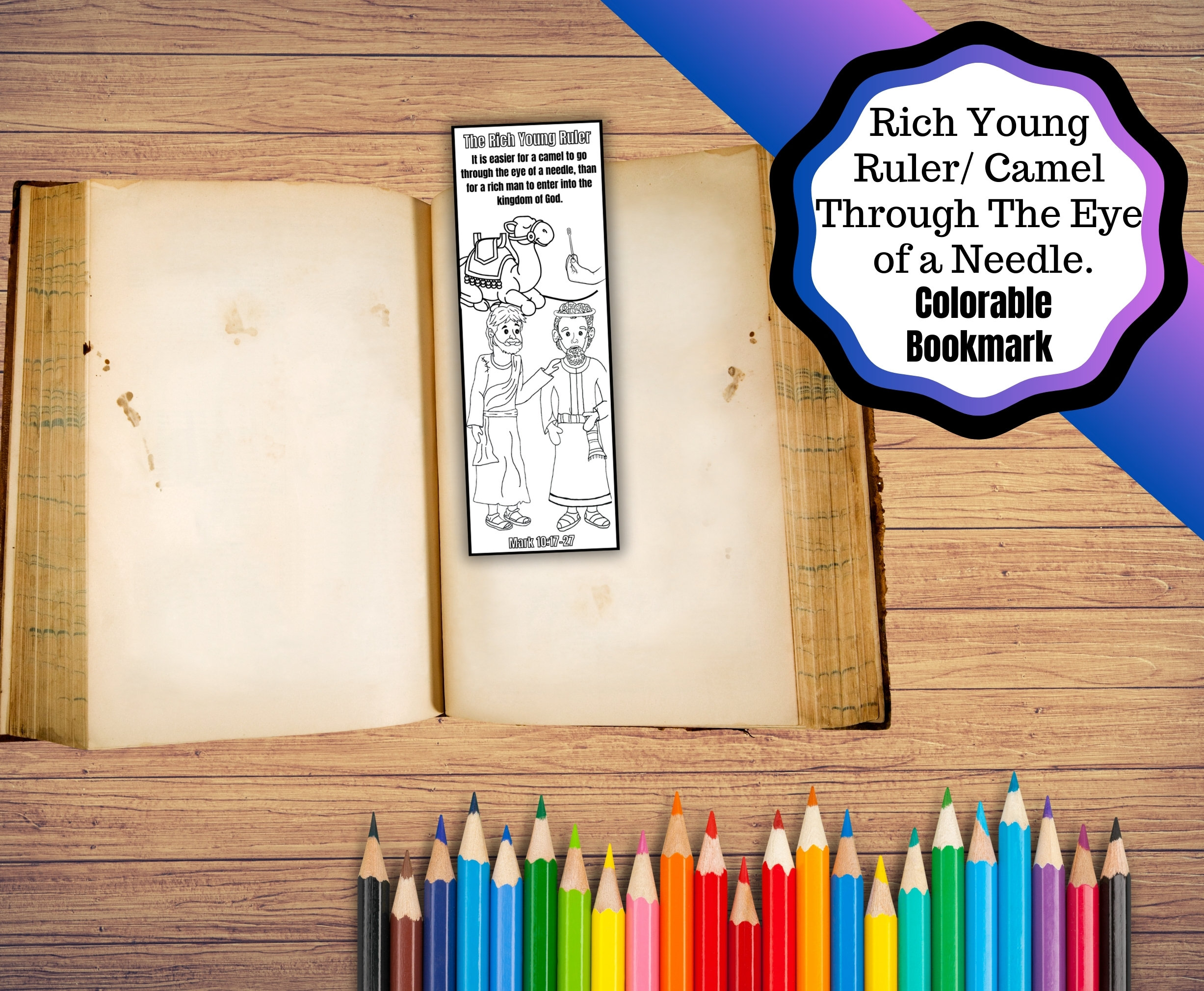 Colorable Bookmark About the Rich Young Ruler, Camel Through the Eye of ...