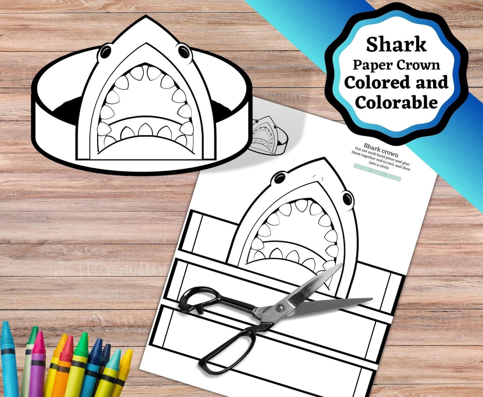 Printable Shark Crowns, Colored and Colorable Versions. Shark Craft ...