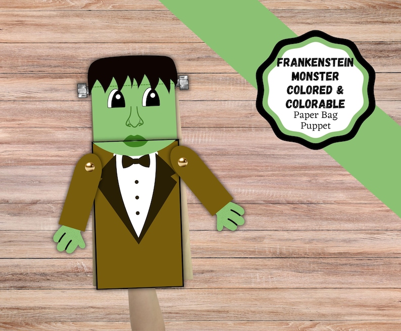 Frankenstein's Monster Paper Puppet Kids Craft. Colored and Colorable ...
