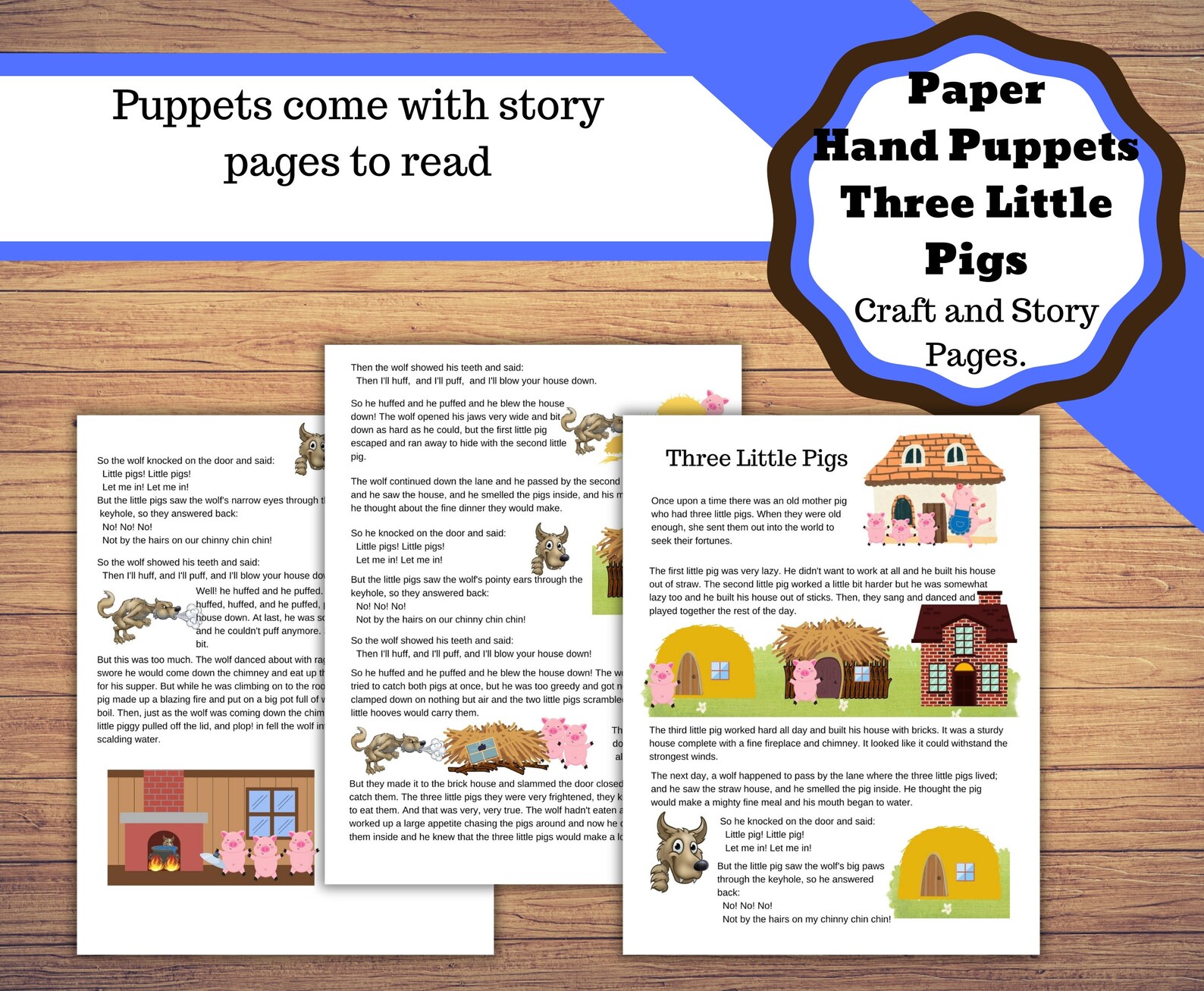 Printable Three Little Pigs and the Wolf, Hand Puppets With Three Pages ...