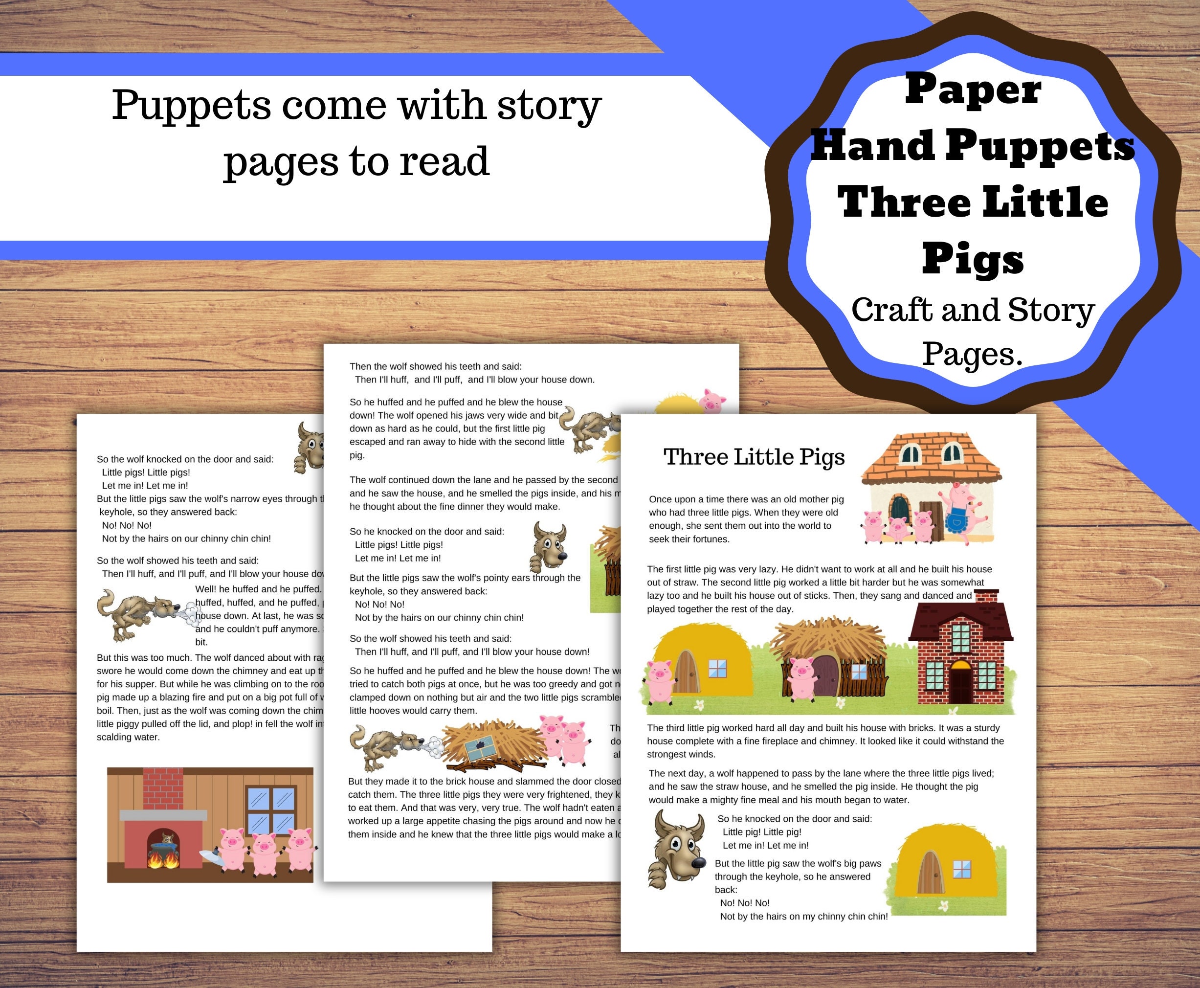 Printable Three Little Pigs and the Wolf, Hand Puppets With Three Pages ...