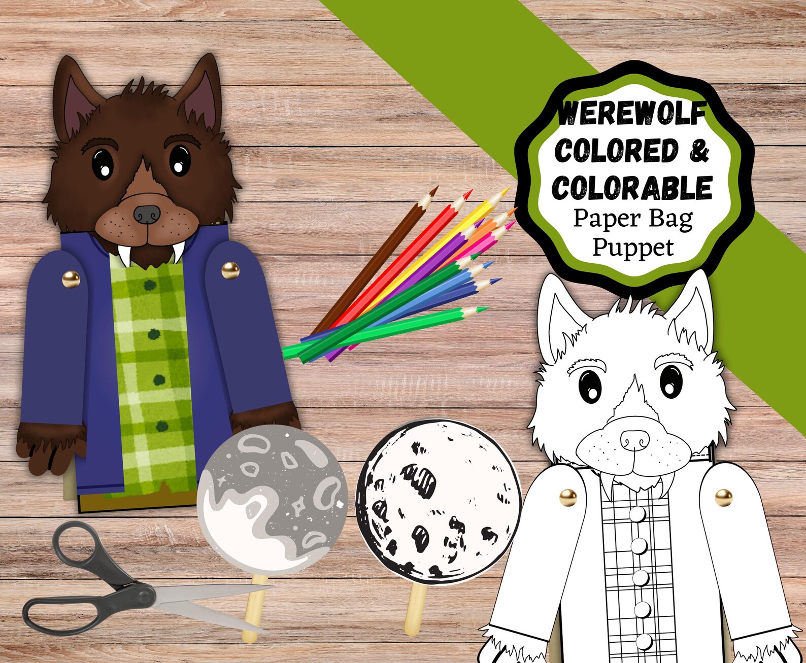 Werewolf Printable Paper Bag Puppet, Colored and Colorable Fun Werewolf ...