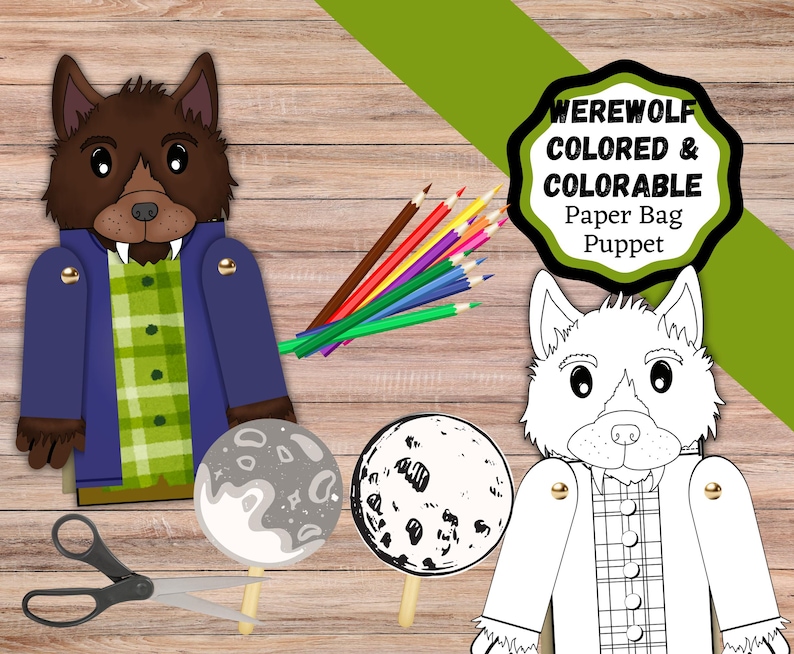 Werewolf Printable Paper Bag Puppet, Colored and Colorable Fun Werewolf ...