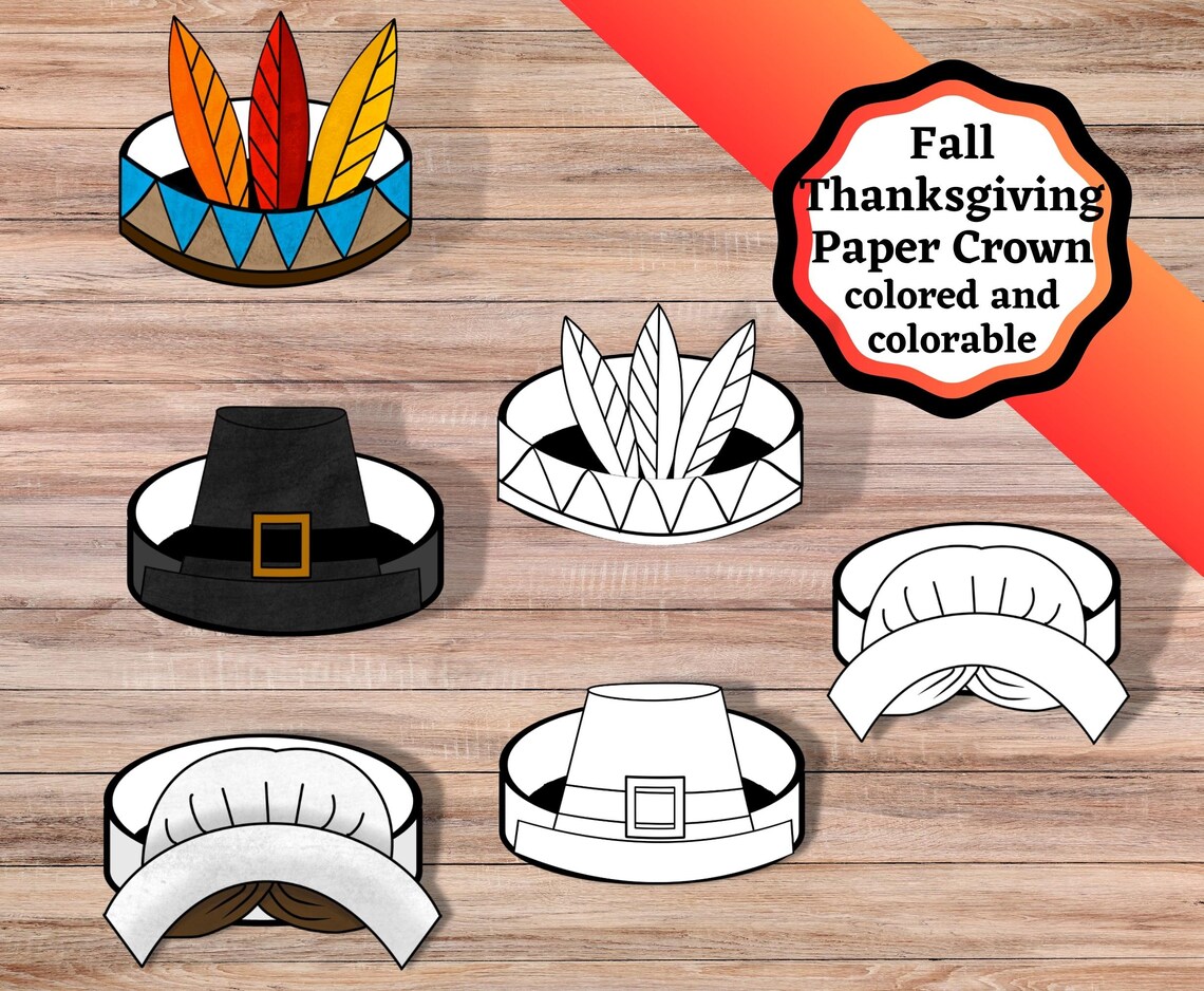 Thanksgiving Paper Crowns, Printable Paper Crowns With Pilgrim Hat and ...