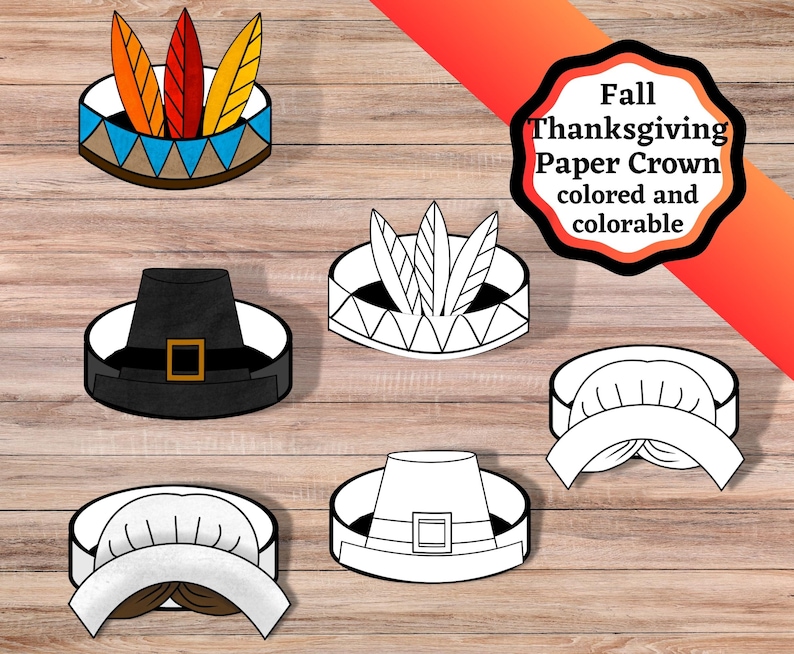 Thanksgiving Paper Crowns, Printable Paper Crowns With Pilgrim Hat and ...