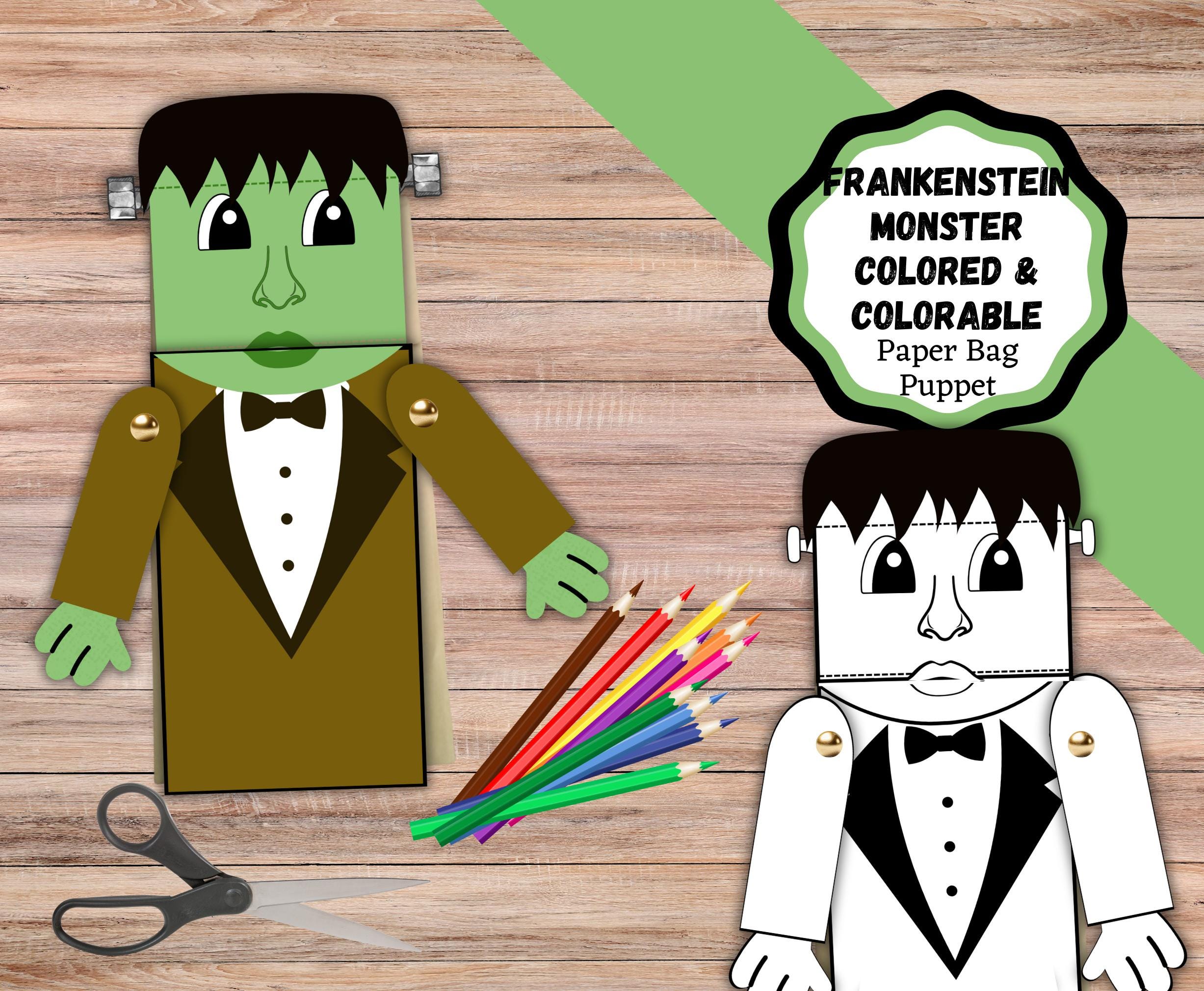 Frankenstein's Monster Paper Puppet Kids Craft. Colored and Colorable ...