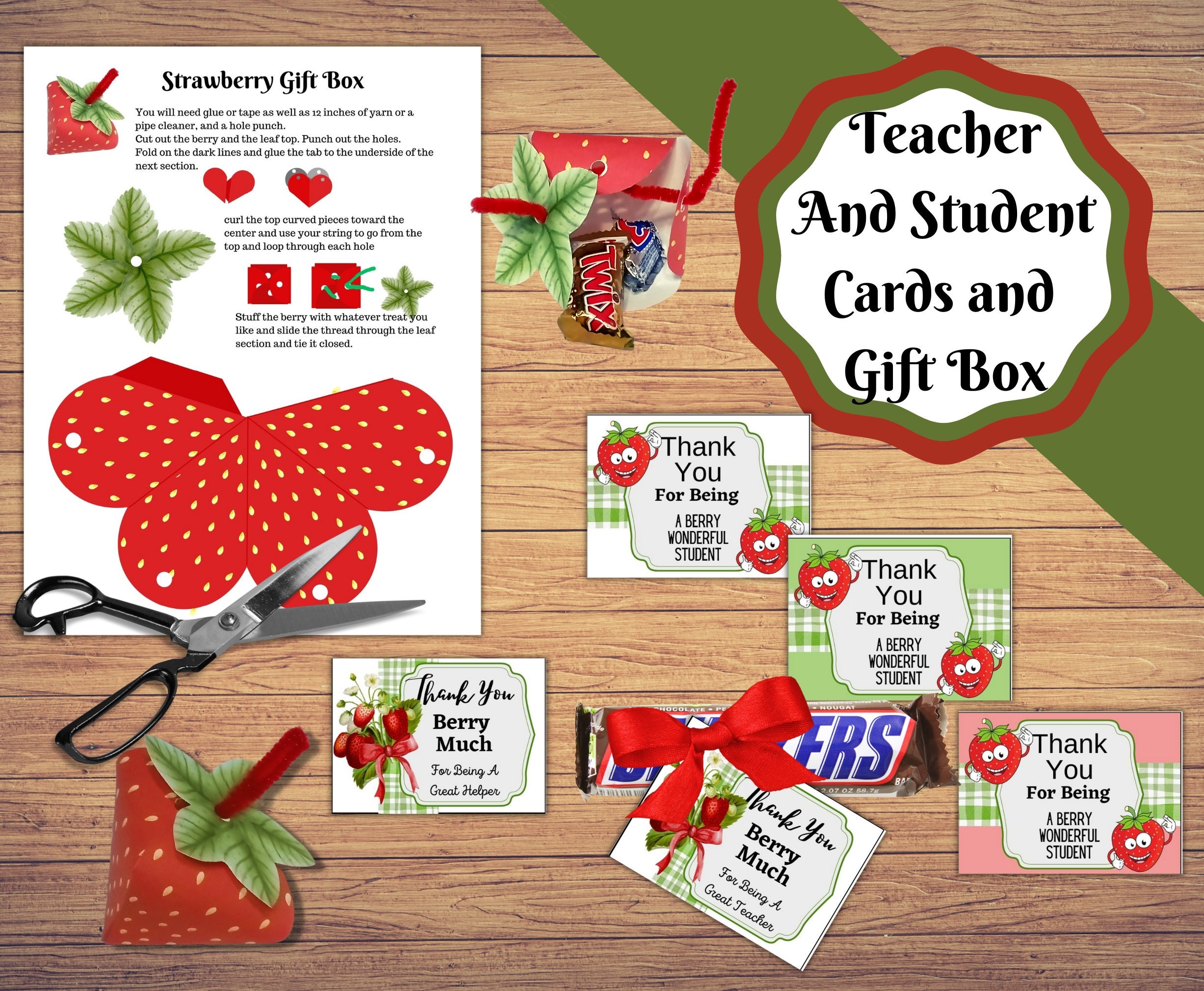 Printable Strawberry Themed Gift Box and Gift Cards for Teacher ...